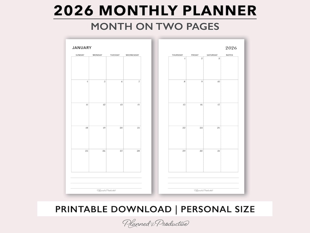 2026 Monthly Printable Planner Inserts, Month on 2 Pages Calendar ...