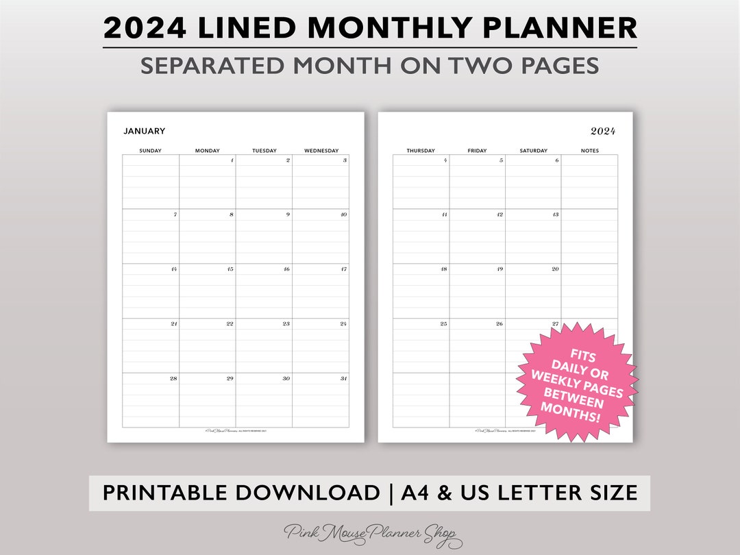 2024 Printable Lined Monthly Planner Inserts, Full Size Monthly ...