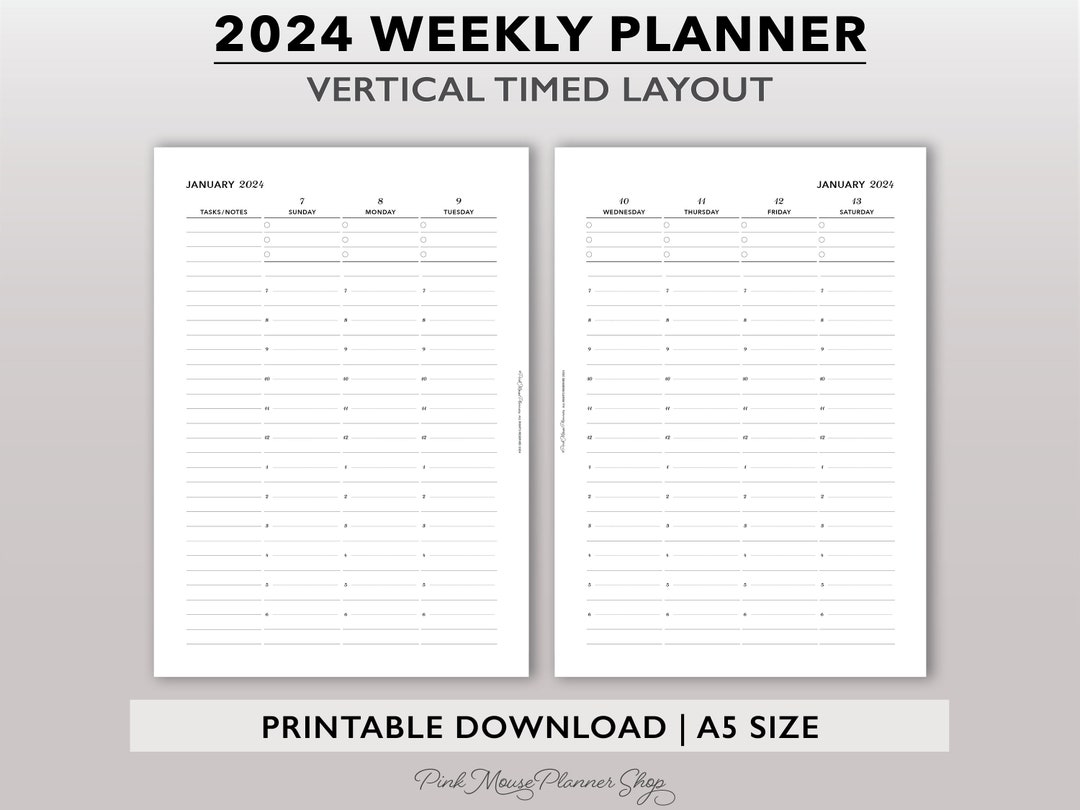 2024 Vertical Weekly Planner Printable, Timed Weekly Planner Insert ...