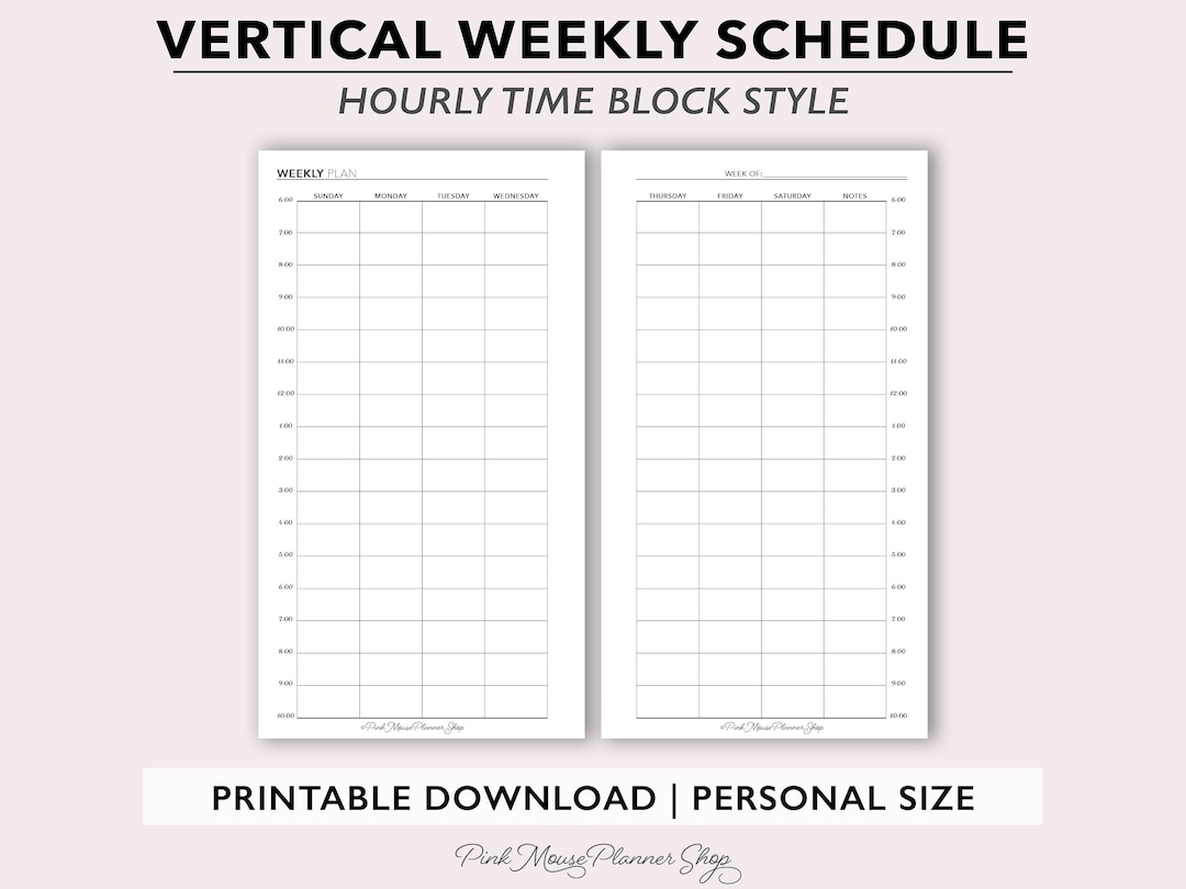 Vertical Weekly Planner Printable, Time Block Planner Insert, Hourly ...
