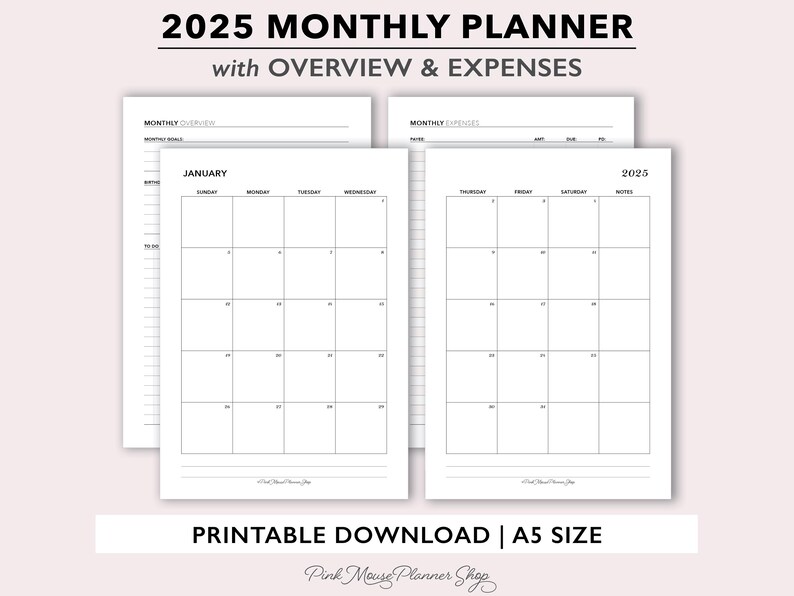 2025 Monthly Printable Planner Inserts, Month on 2 Pages W/ Overview ...