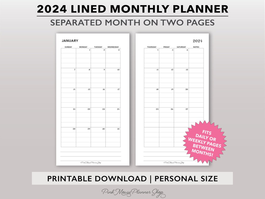 2024 Printable Lined Monthly Planner Inserts, Monthly Calendar Template ...