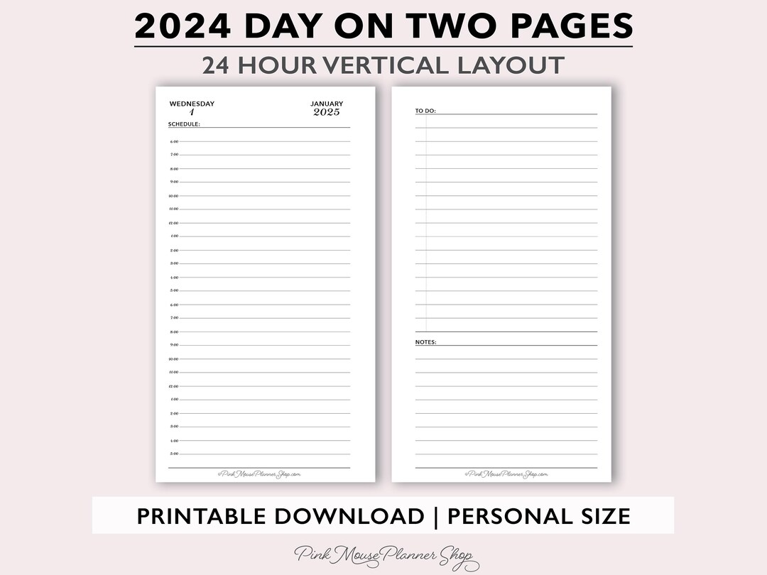 2025 Daily Planner Printable Insert, Two Pages per Day With 24 Hour ...