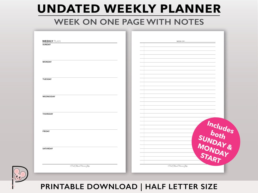 Undated Weekly Planner Printable, 2 Page per Week, WO2P Weekly ...