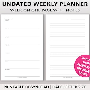 Undated Weekly Planner Printable, 2 Page per Week, WO2P Weekly ...
