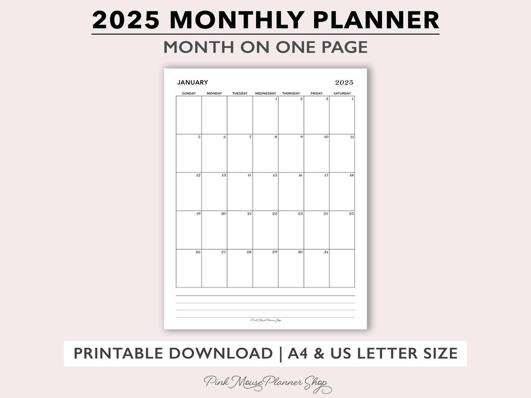2025 Planner, Monthly Printable Planner Inserts, Month on One Page ...