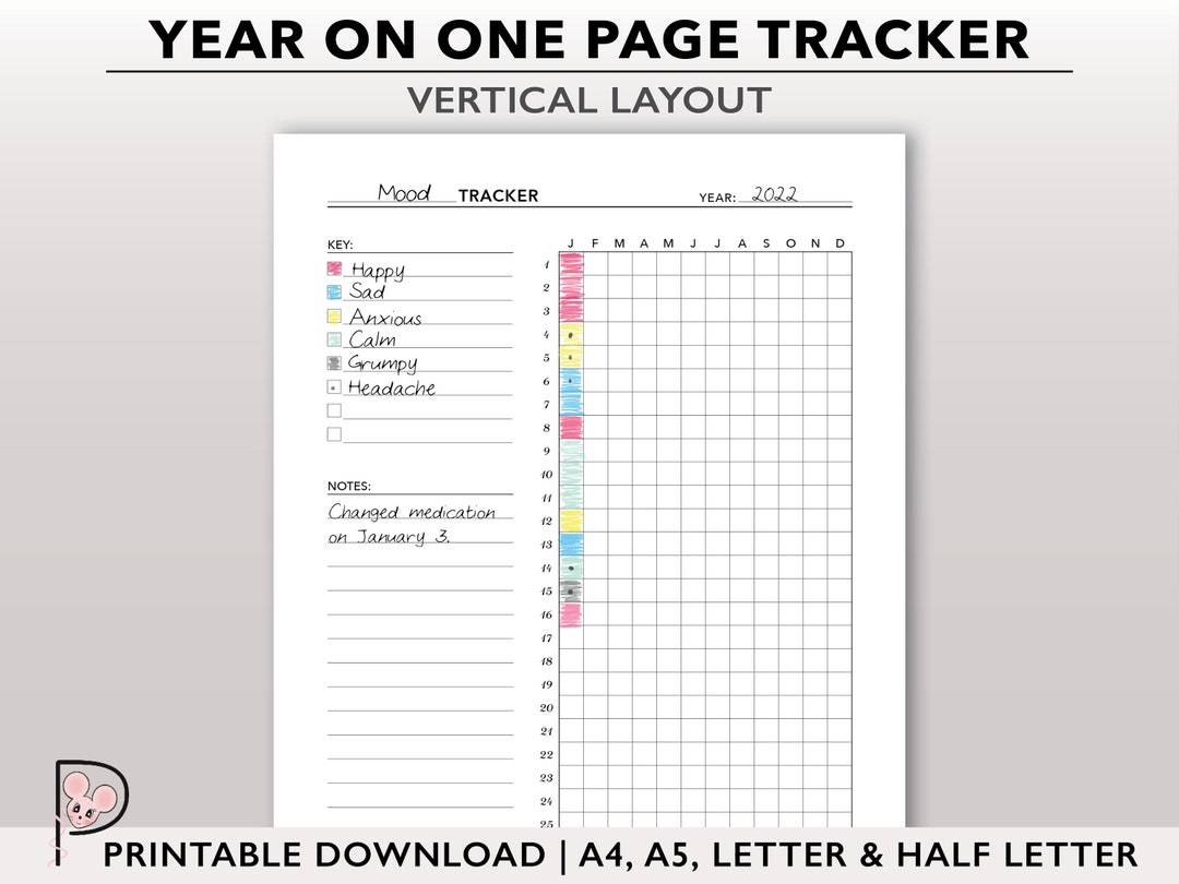Vertical Yearly Tracker Printable Planner Insert Yearly Mood - Etsy