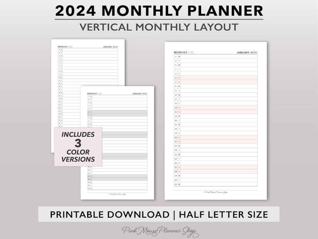 2024 Vertical Monthly Printable Planner Inserts, Dated Vertical Month ...