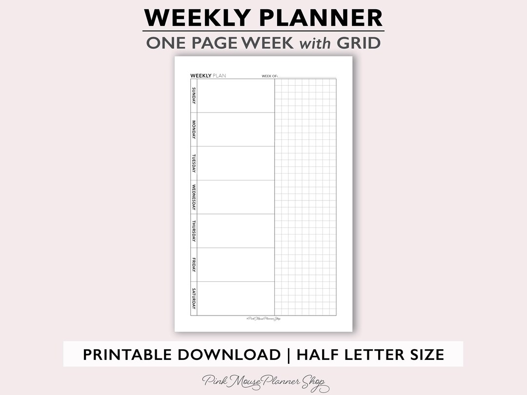 Weekly Planner Printable, Half Size Week on One Page Planner Template ...