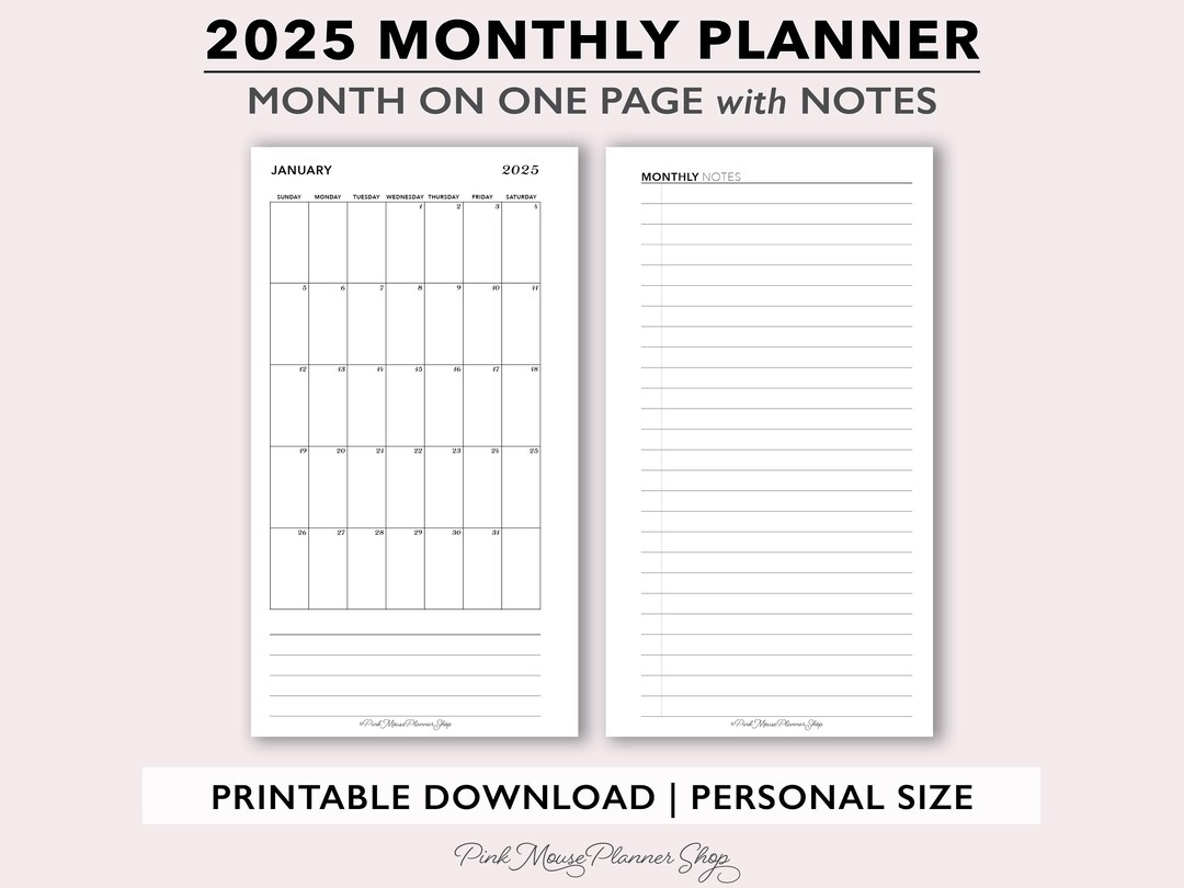 2025 Monthly Printable Planner Inserts, Month on One Page With Notes ...