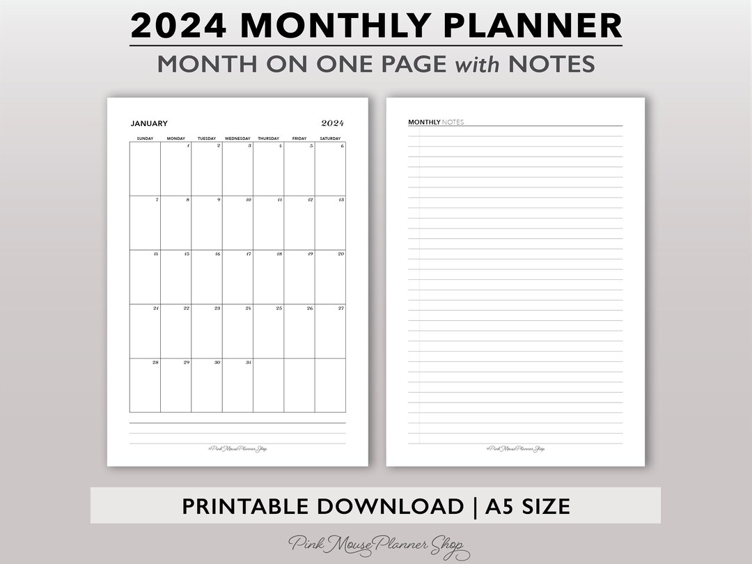 2024 Monthly Printable Planner Inserts, Month on One Page With Notes ...