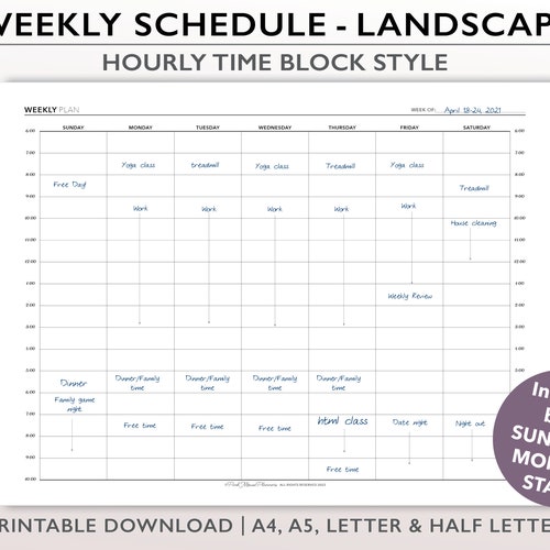 Hourly Weekly Schedule Landscape Weekly Planner Printable - Etsy