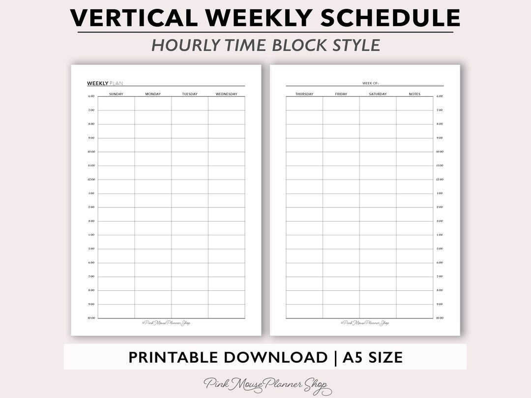 Two Page Weekly Planner Printable, Time Block Planner Insert, Hourly ...