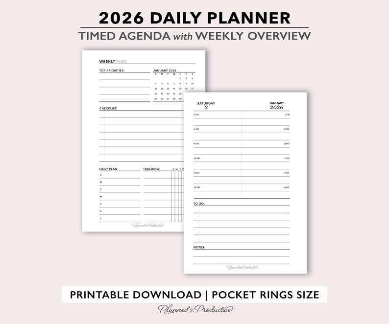 2026 Daily Timed Planner Printable W/ Weekly Overview, Pocket Size ...
