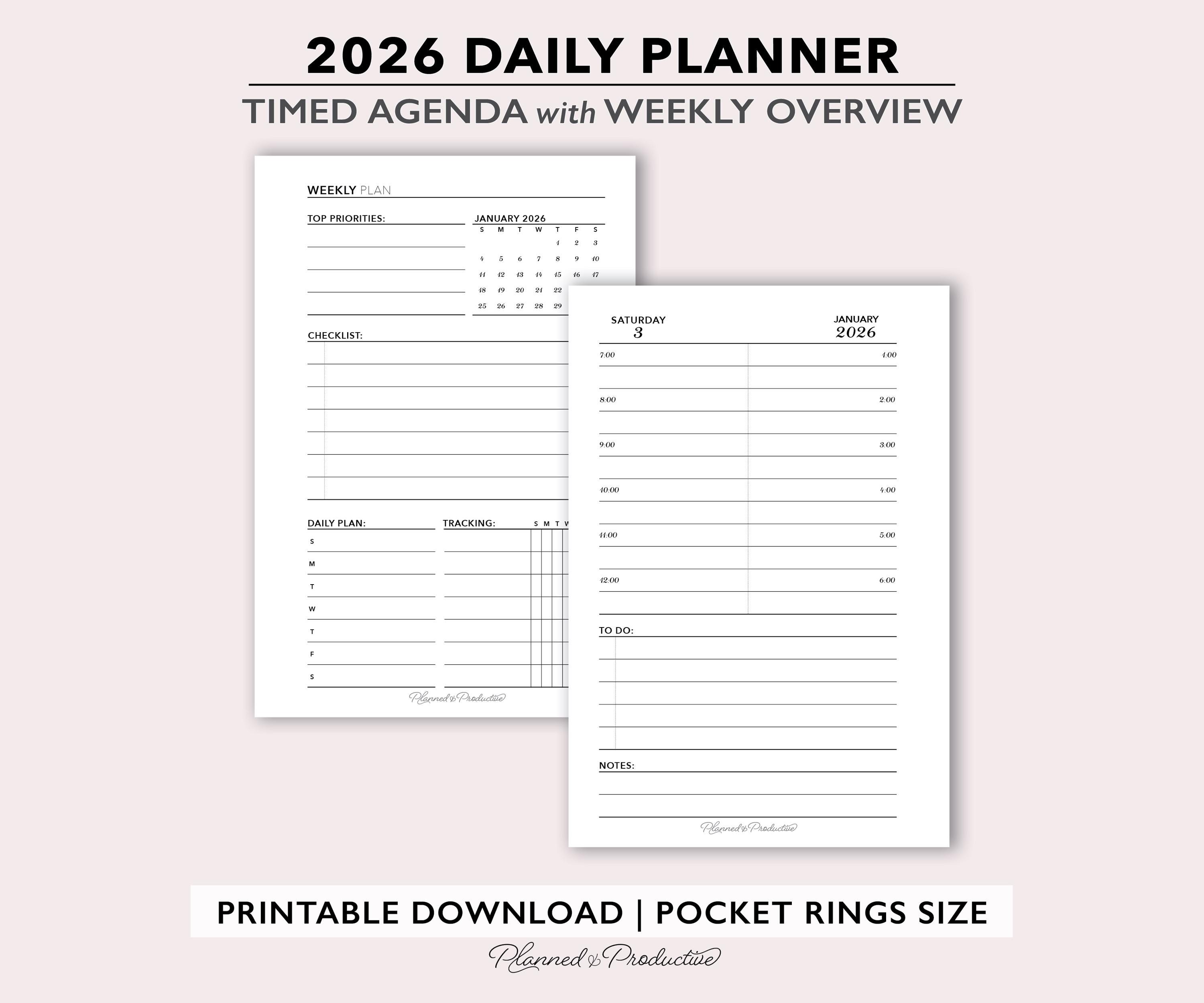 2026 Daily Timed Planner Printable W/ Weekly Overview, Pocket Size ...