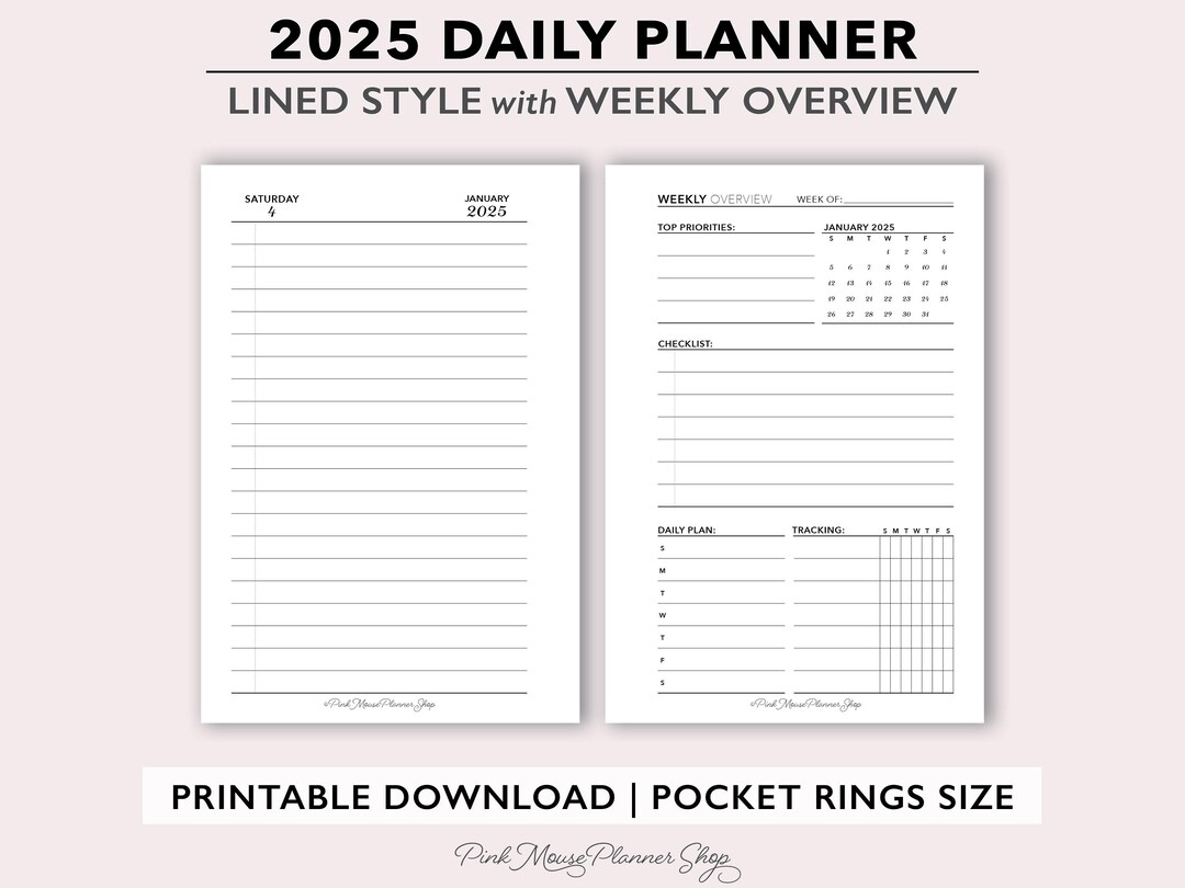 2025 Daily Planner Printable Inserts W/ Weekly Overview, Pocket Rings ...
