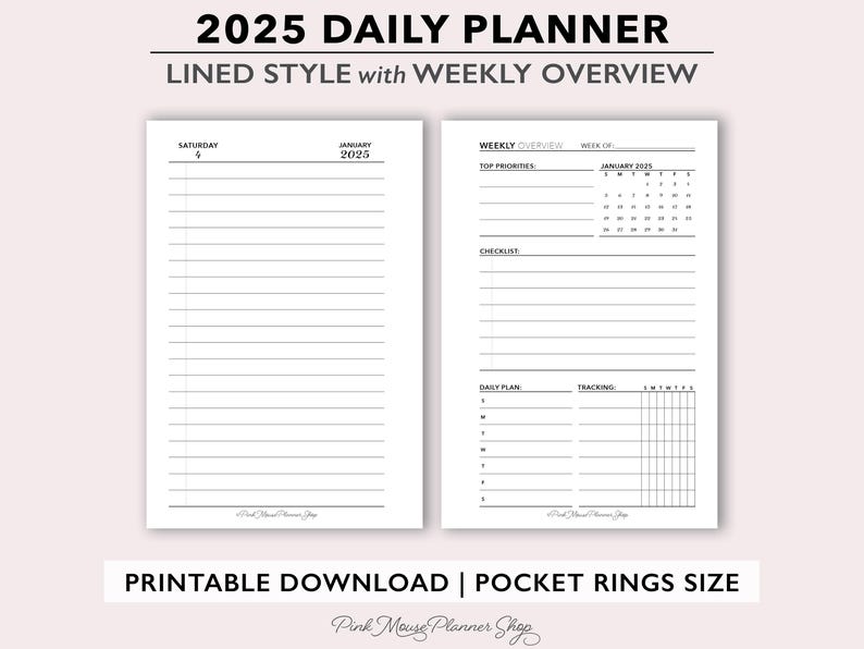 2025 Daily Planner Printable Inserts W/ Weekly Overview, Pocket Rings ...
