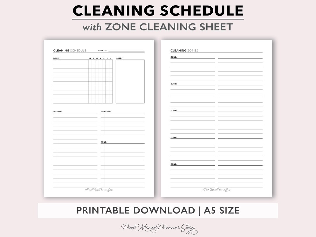 A5 Size Cleaning Schedule Printable, Zone Cleaning Planner Page, Weekly ...