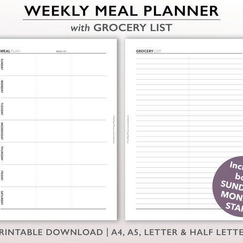 EDITABLE Weekly Meal Planner & Grocery List Printable - Etsy