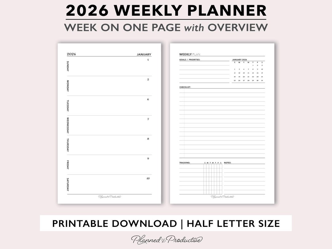 2026 Weekly Planner Printable, Half Size Weekly Planner Template, Dated ...