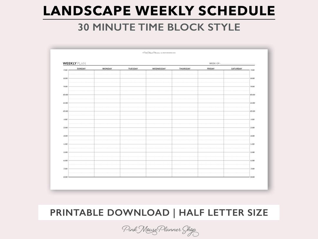 30 Minute Weekly Schedule Printable, Time Block Planner Insert, Hourly ...