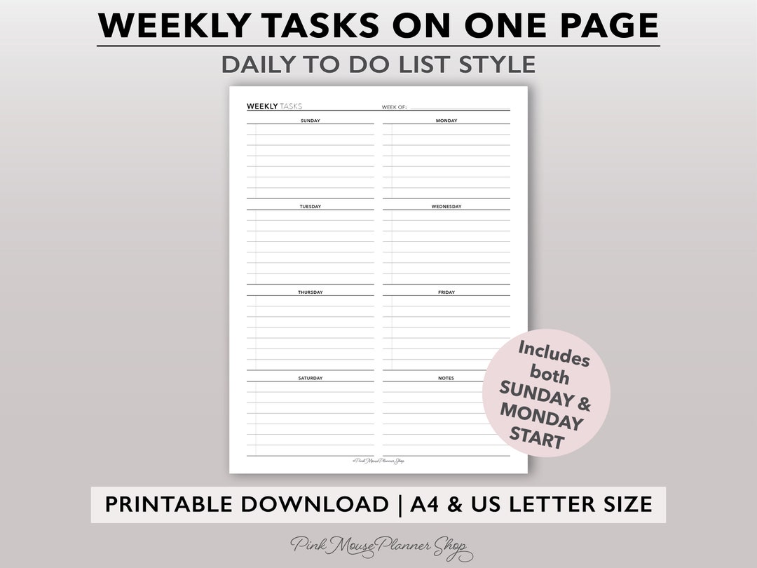 Printable One Page Weekly to Do List, Weekly Tasks Planner ...