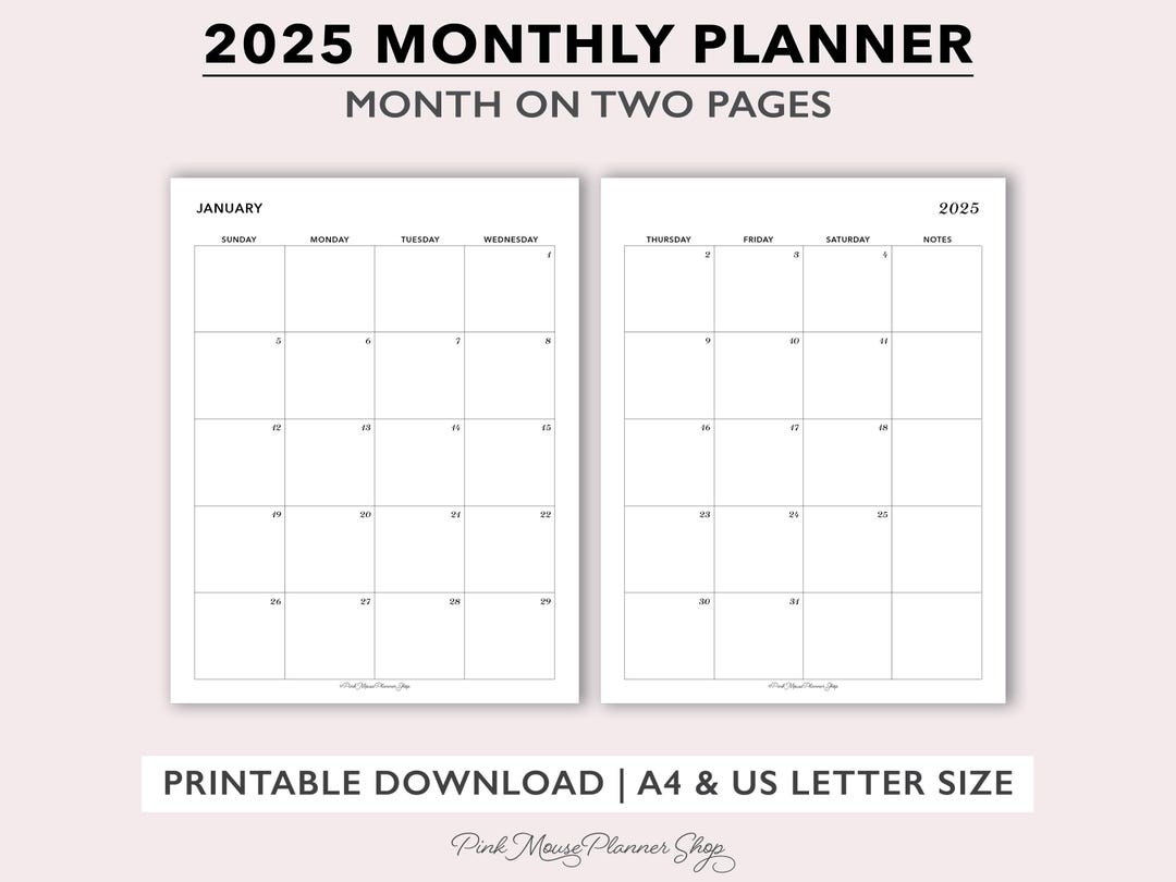 2025 Monthly Printable Planner Inserts, Month on 2 Pages MO2P Calendar ...