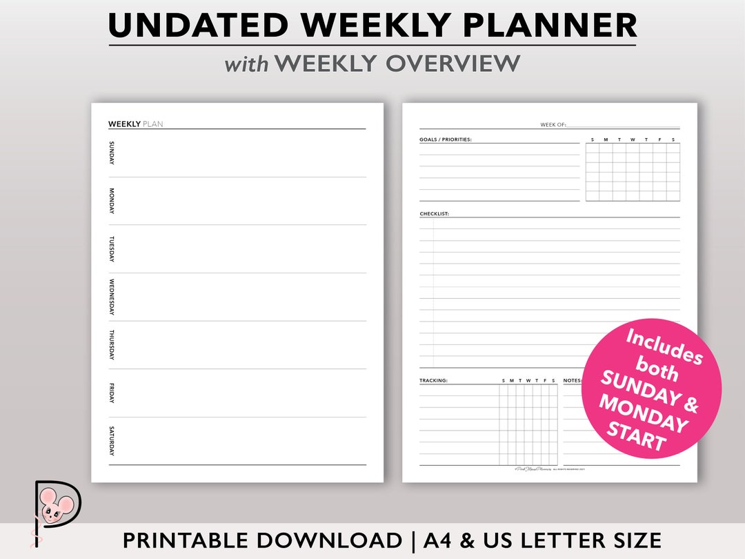 Weekly Planner Printable, Undated Weekly Insert, Weekly Agenda Refill ...