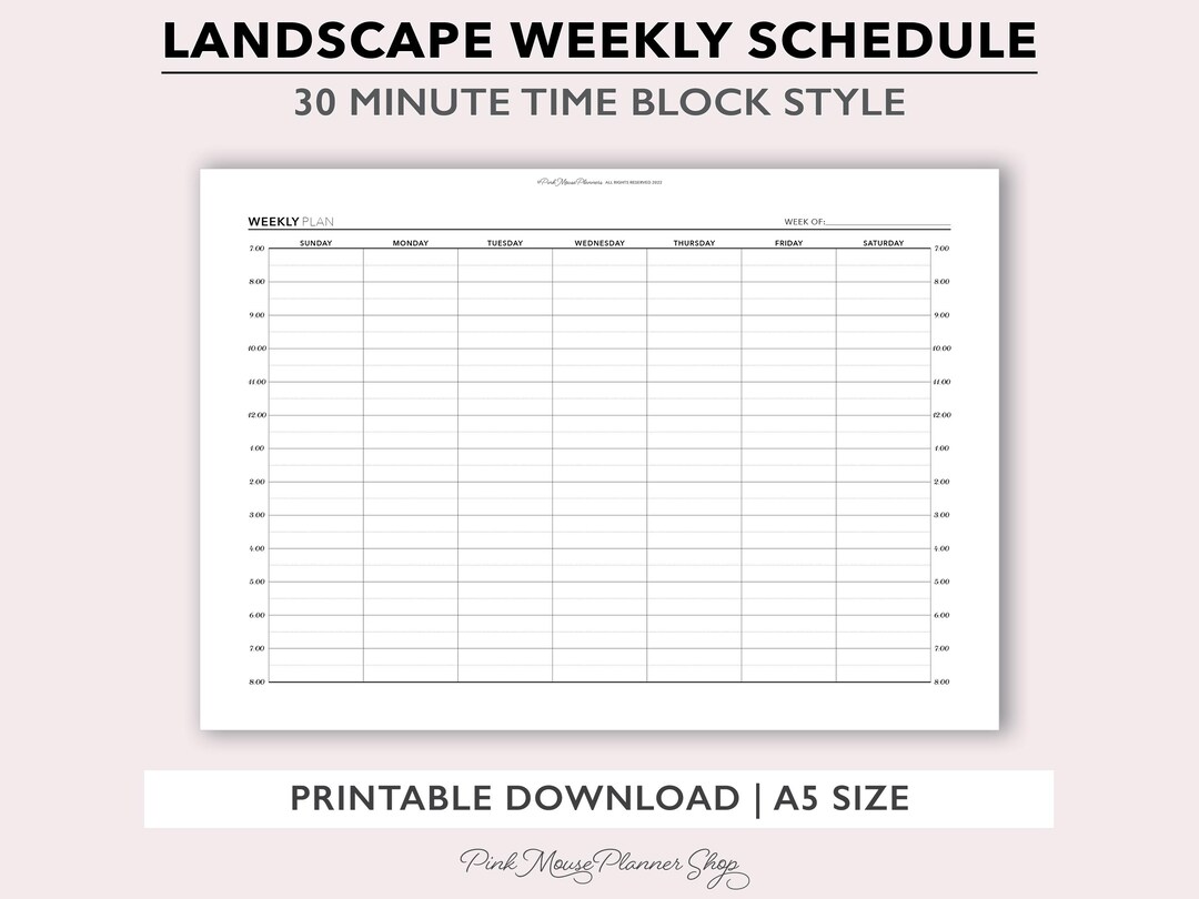30 Minute Weekly Schedule Printable, Time Block Planner Insert, Hourly ...