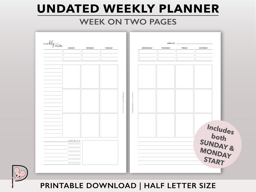 Undated Weekly Planner Printable, Vertical Week on 2 Page Layout, WO2P ...