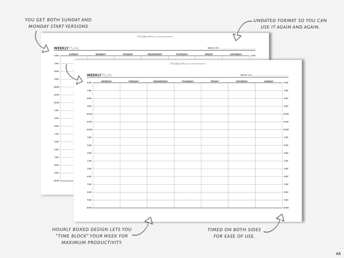 Undated Weekly Schedule Printable, Time Block Planner Insert, Hourly ...