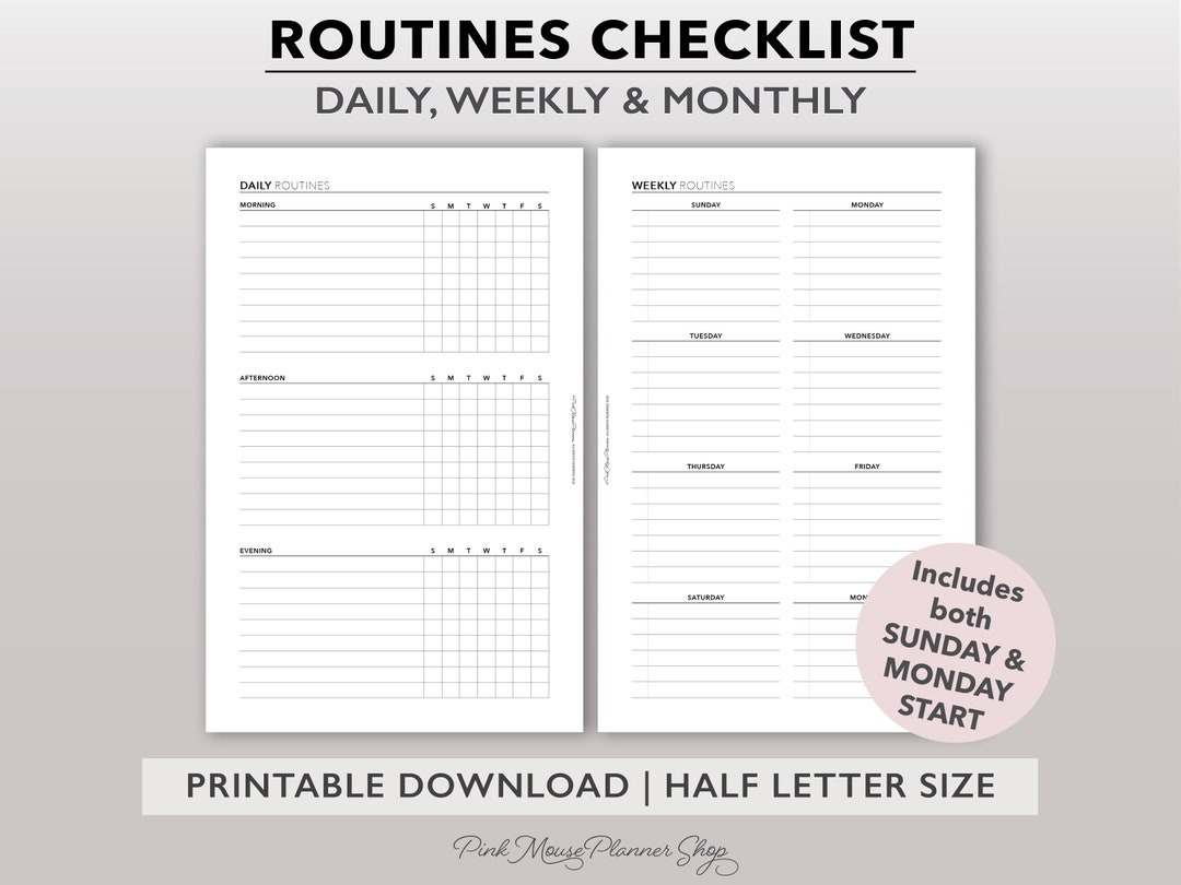 Routine Checklist Printable Planner Insert, Daily Routine Page, Weekly ...