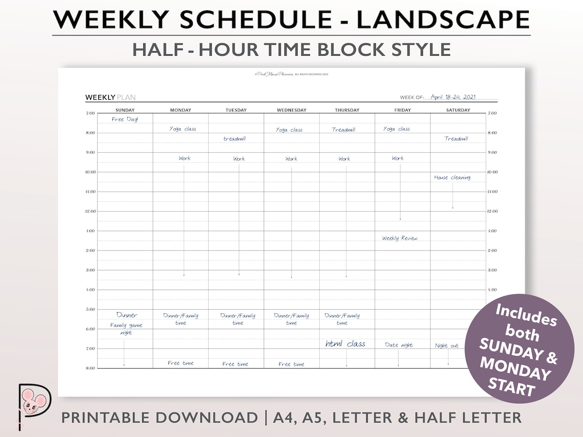 30 Minute Weekly Schedule Printable Time Block Planner - Etsy