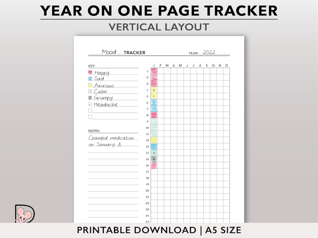 Vertical Yearly Tracker, Printable Planner Insert, Yearly Mood Tracker ...