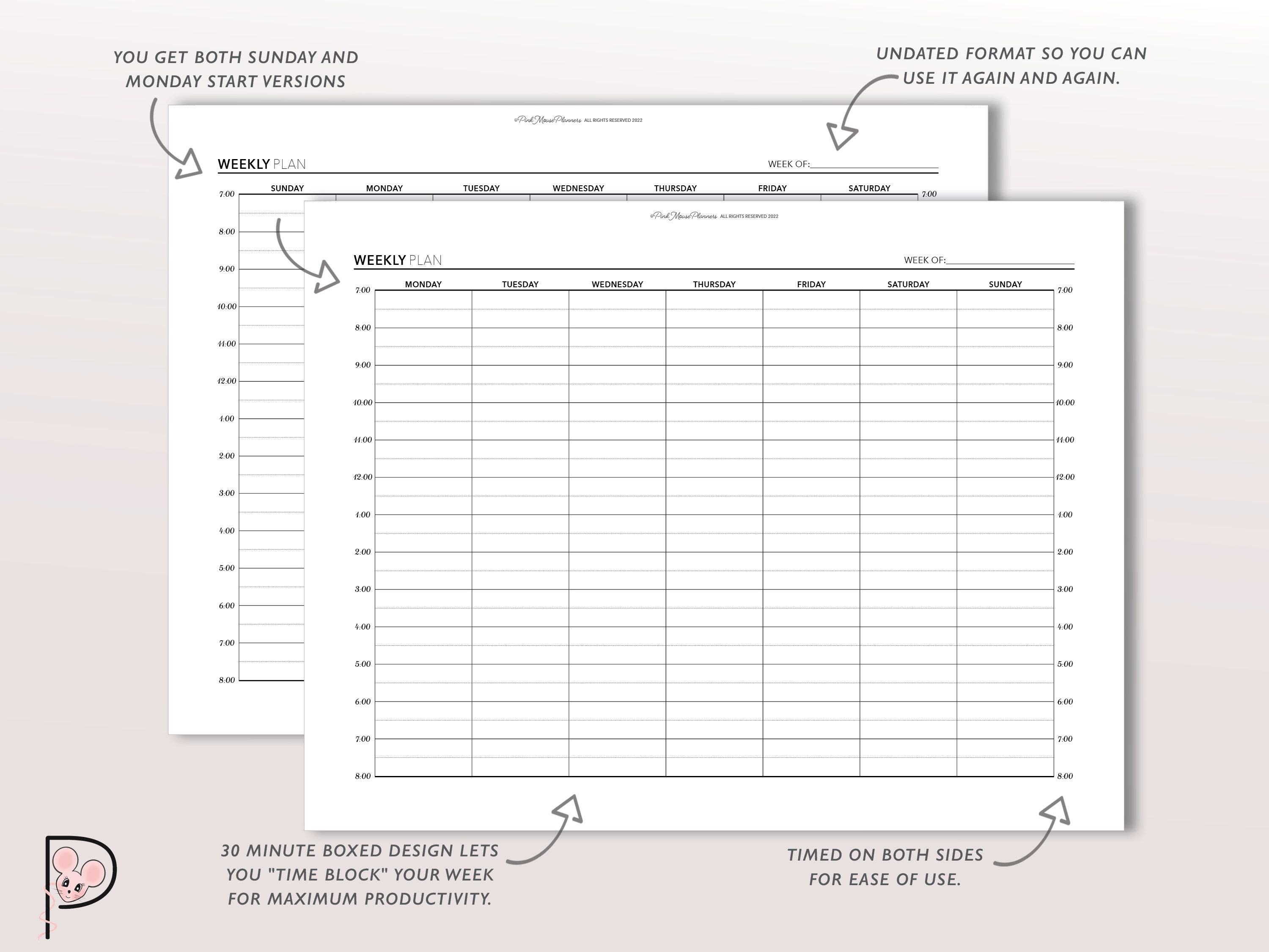 30 Minute Weekly Schedule Printable Time Block Planner - Etsy