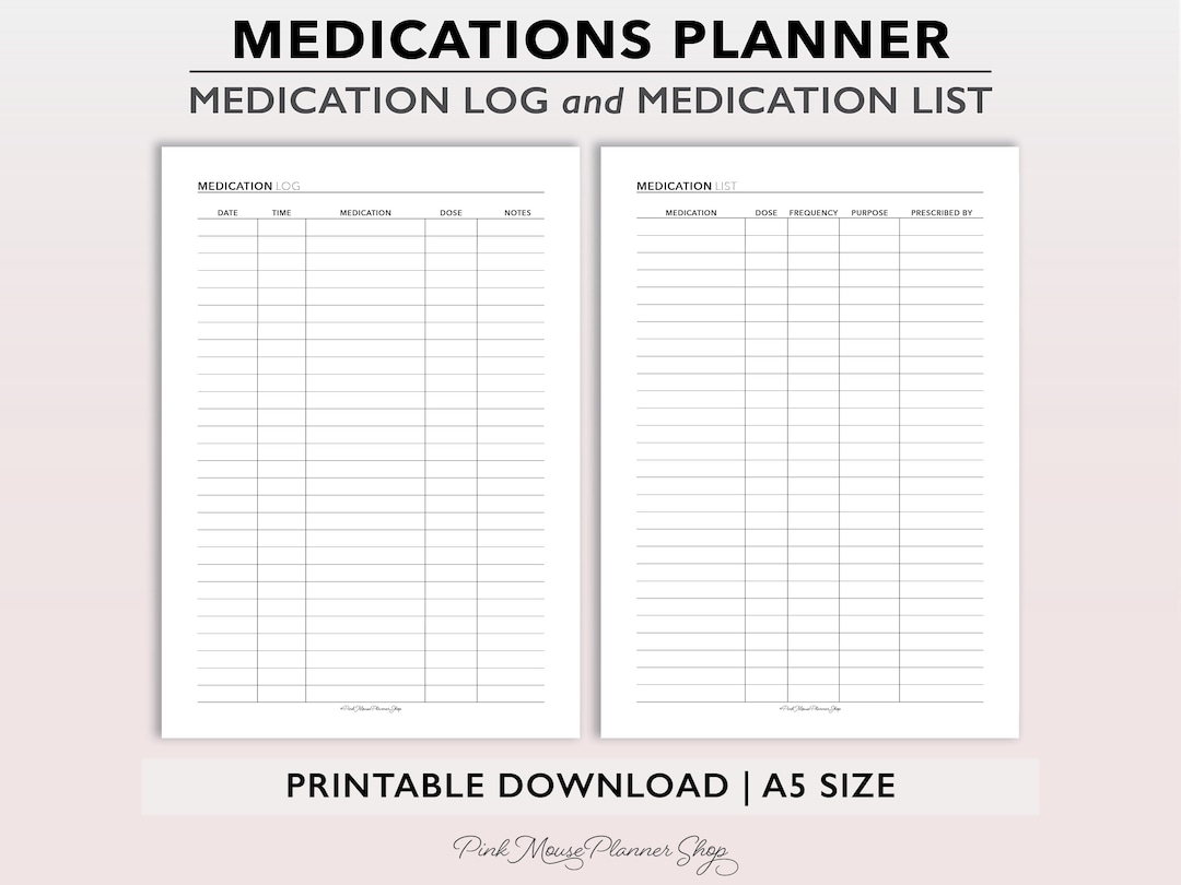 Printable Medication Log, Medication List Template, A5 Size Meds List ...