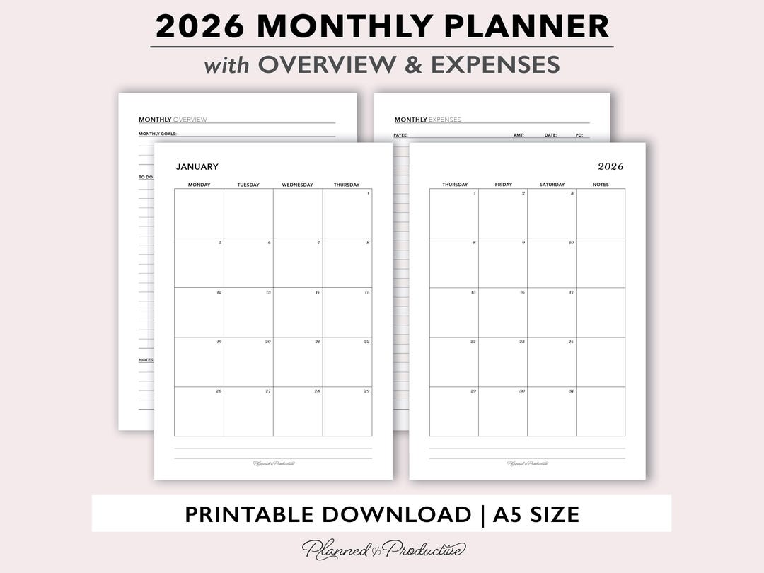 2026 Monthly Printable Planner Inserts, Month on 2 Pages W/ Overview ...