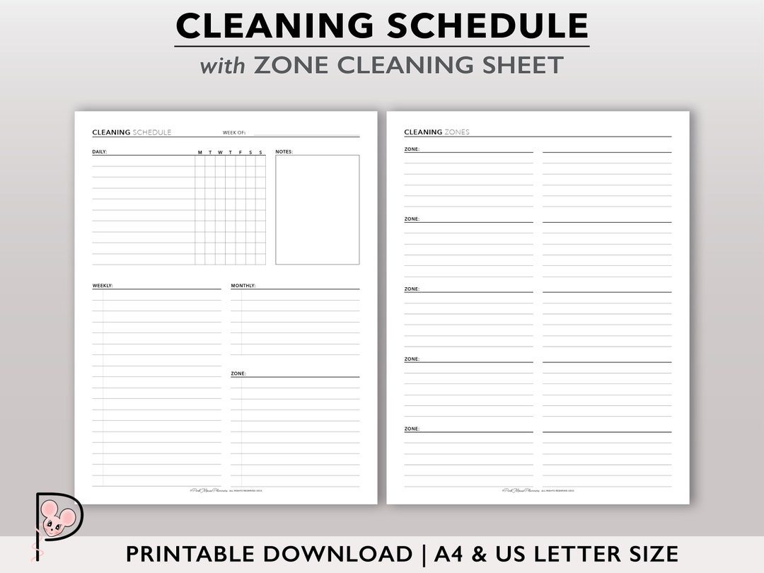 A4 / U.S. Letter Size Cleaning Schedule Printable, Zone Cleaning ...