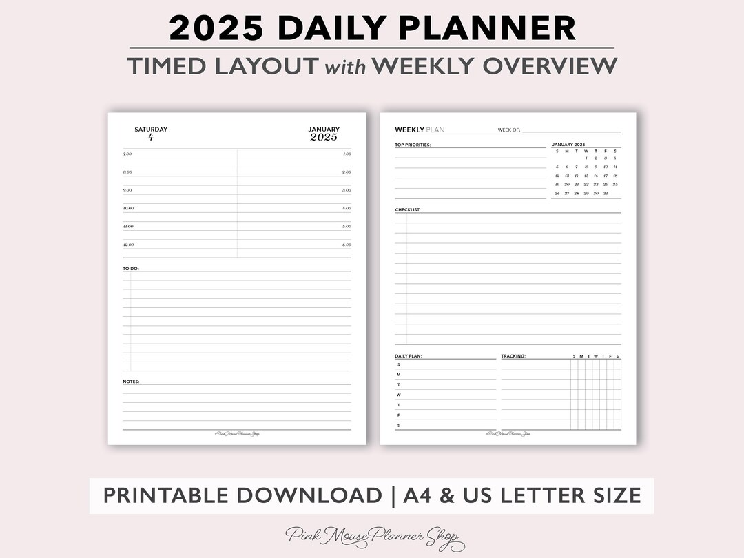 2025 Daily Timed Planner Inserts W/ Weekly Overview, Dated Day per Page ...