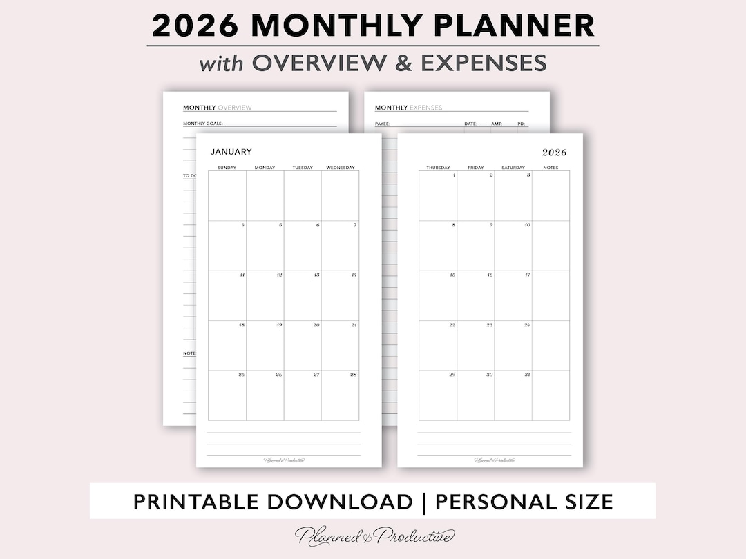 2026 Monthly Printable Planner Inserts, Month on 2 Pages W/ Overview ...