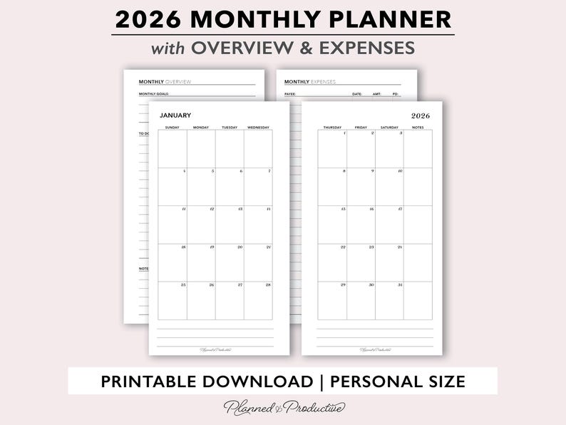 2026 Monthly Printable Planner Inserts, Month on 2 Pages W/ Overview ...