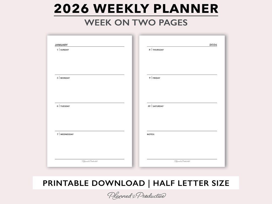 2026 Weekly Planner Printable, Half Size Weekly Calendar for Ring or ...