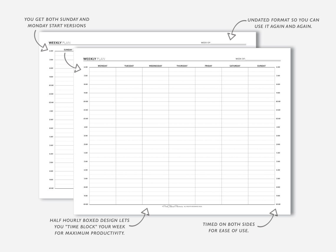 30 Minute Weekly Schedule Printable, Time Block Planner Insert, Hourly ...