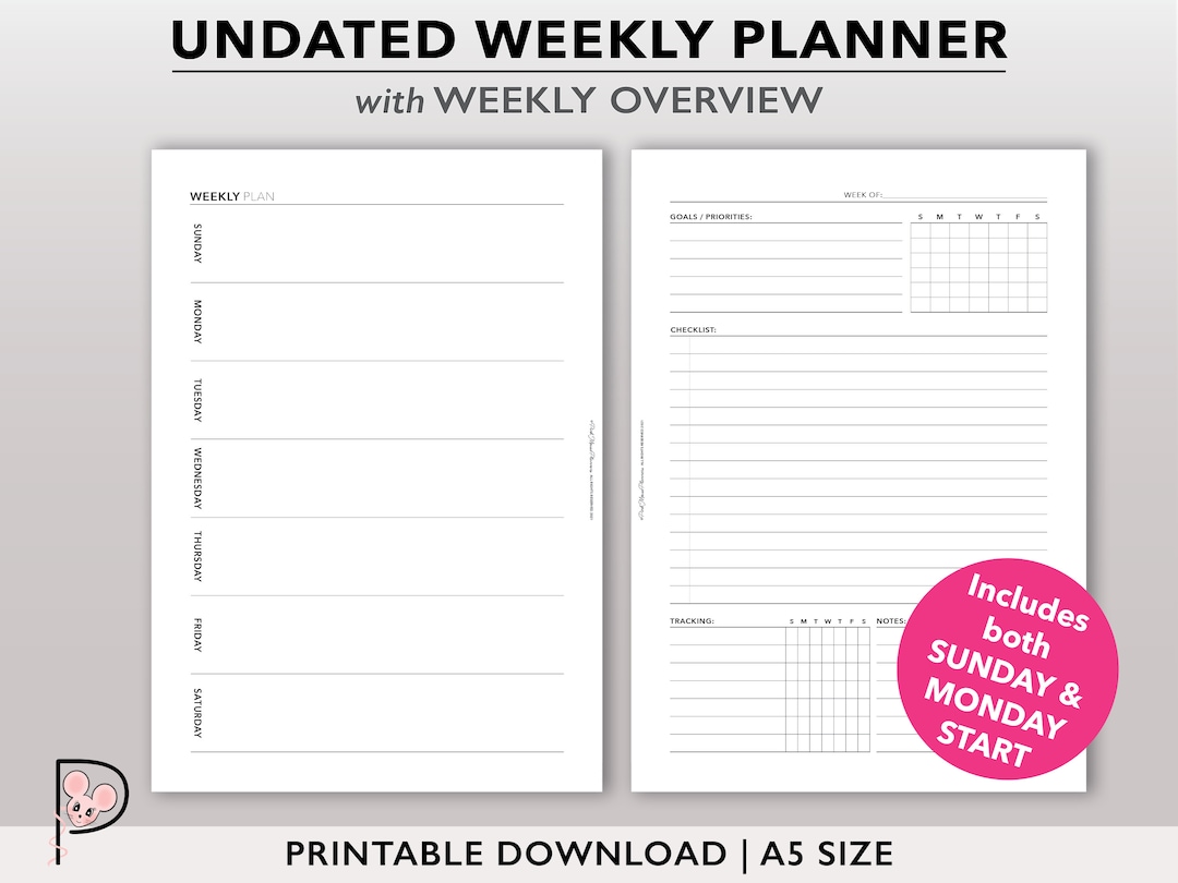 Weekly Planner Printable, Undated Weekly Insert, Weekly Agenda Refill, A5 Planner 2 Page ...