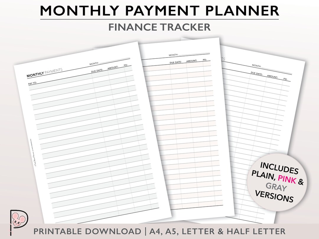 Monthly Payment Tracker, Printable Budget Planning Insert, Finance ...