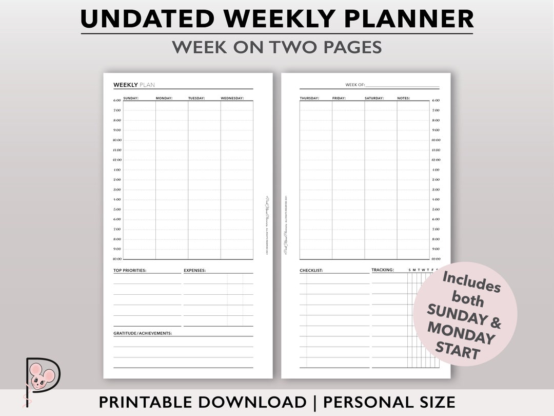 Weekly Planner Printable, Hourly Planner Insert, 2 Page Vertical Weekly ...