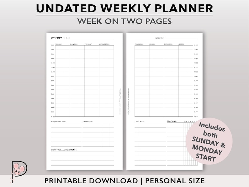 Weekly Planner Printable, Hourly Planner Insert, 2 Page Vertical Weekly ...