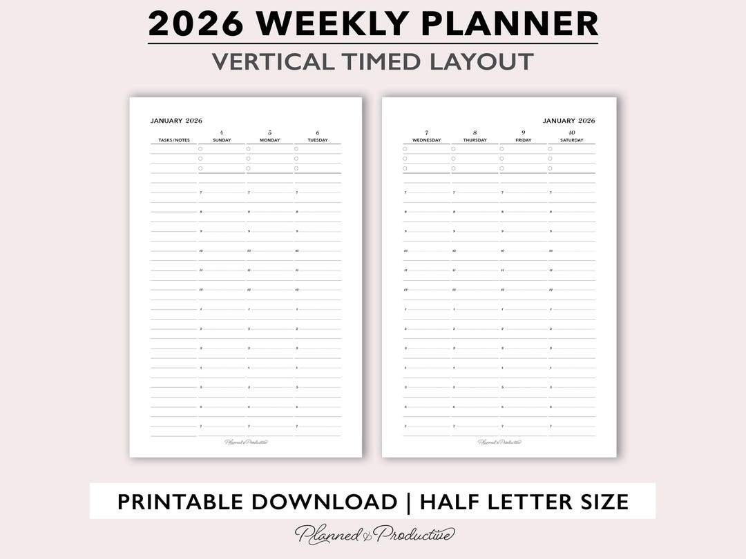 2026 Vertical Weekly Planner Printable, Half Size Timed Weekly Planner ...