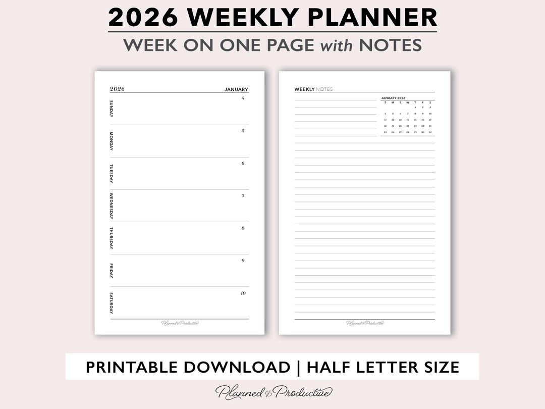 2026 Weekly Planner Printable W/ Weekly Notes, 2026 Weekly Agenda, Half ...