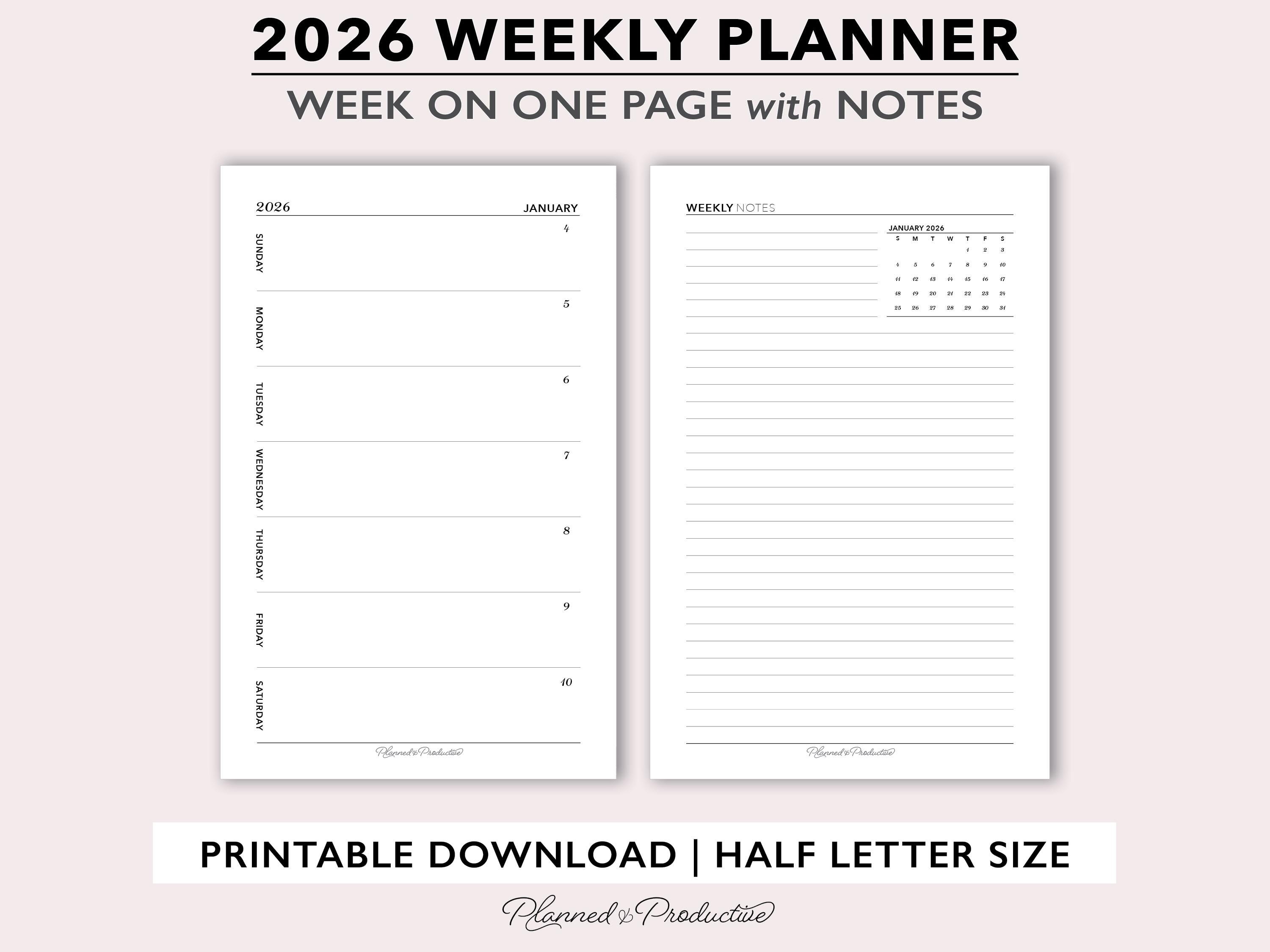 2026 Weekly Planner Printable W/ Weekly Notes, 2026 Weekly Agenda, Half ...